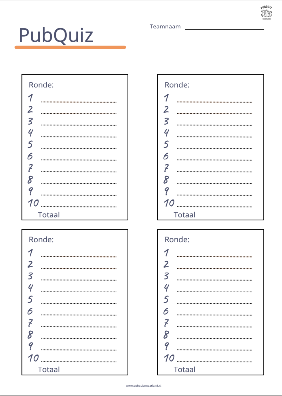 8x Gratis Pubquiz antwoordformulier: Download als PDF